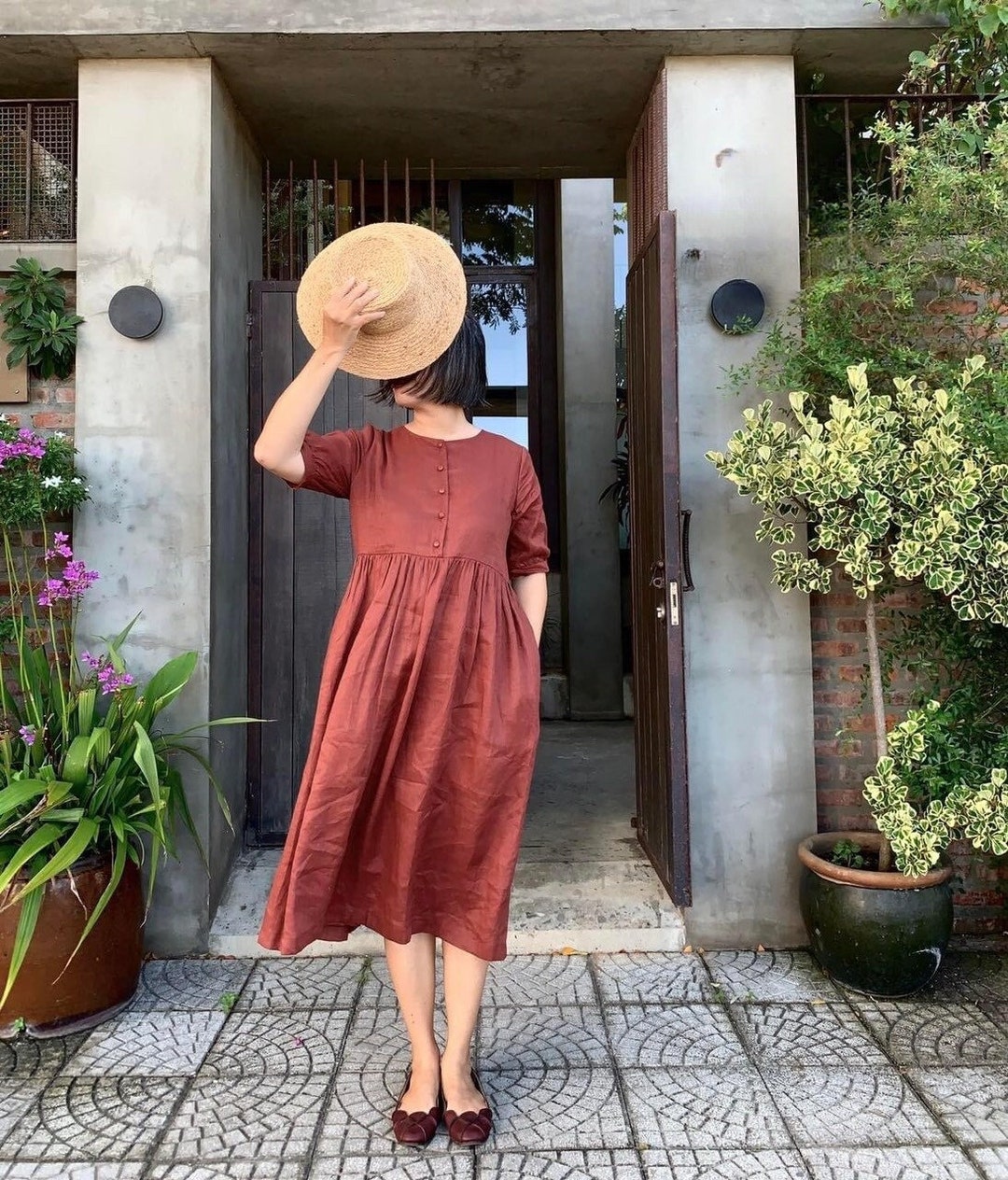 LINEN MAMA DRESS Babydoll Stye With Buttons up Linen Clothing for Women ...