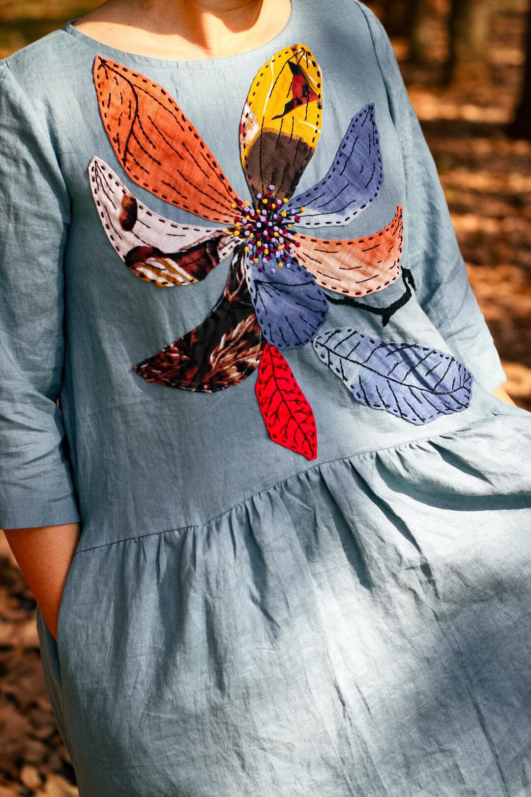 MAGNOLIA PATCH WORK Linen Dress, Flower Quilt Smock Dress, Wedding ...