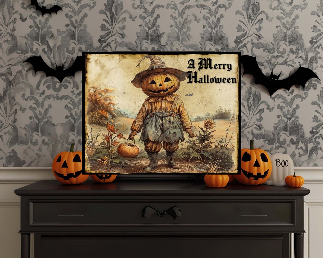 Primitive Halloween Decor Metal Sign Decoration, Pumpkin Head Scarecrow ...