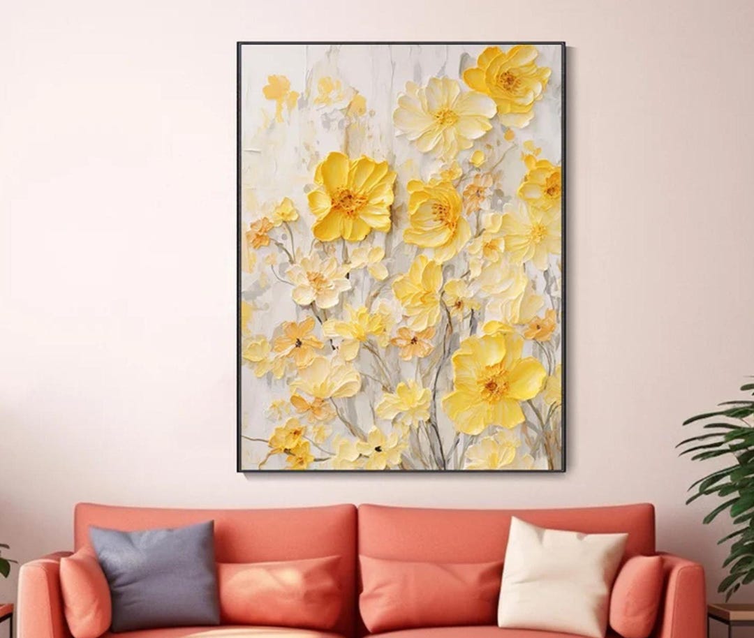 Original Yellow 3D Creamy Flower Heavy Textured Wall Art Abstract ...