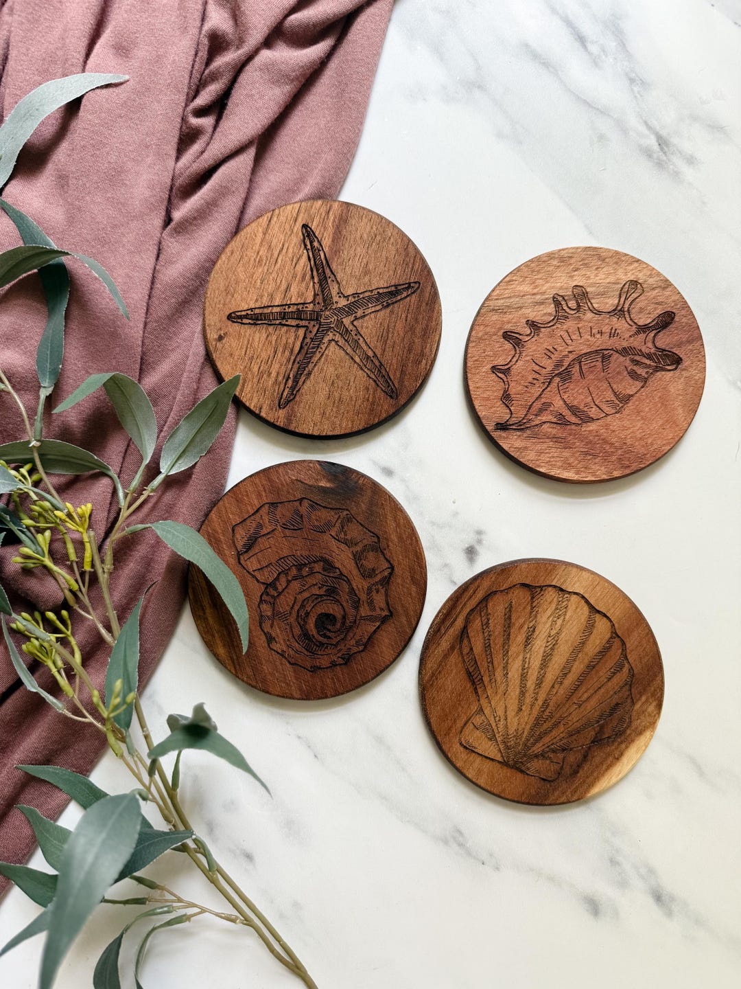 Shell Coaster Set, Sea Shell Gifts, Wooden Beach Coasters, Beach House ...