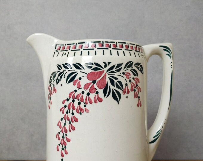 French Vintage Ironstone Pottery Water Pitcher Jug With Pink and Green ...