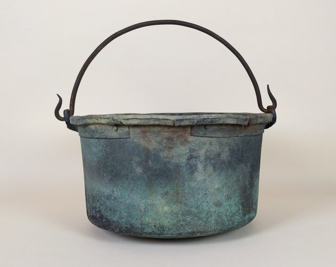 French Verdigris Copper Cauldron Large Antique 19th Century Pot With Iron Handle for Log Basket ...