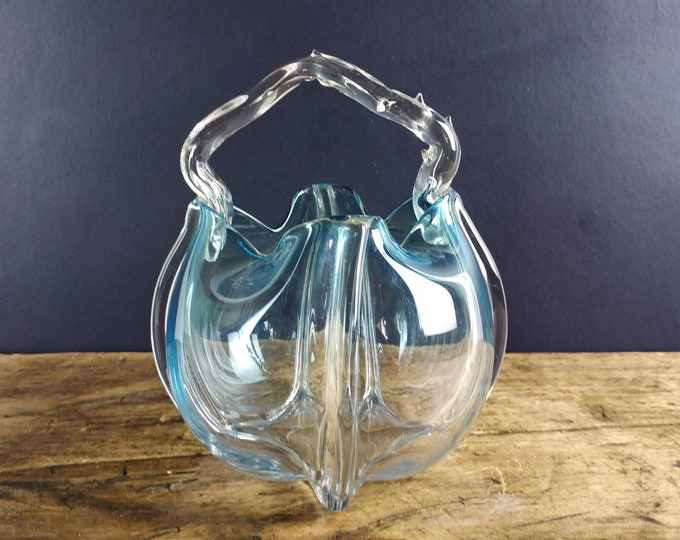 Vintage Thorn Glass, Blue Glass Basket, Art Glass Vase, Small ...