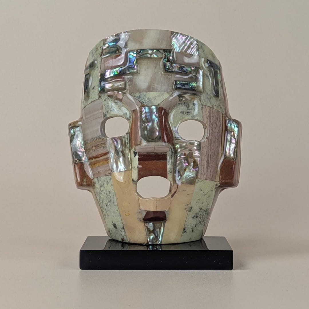 Vintage Mayan Abalone Shell Stone Burial Mask Mother of Pearl Inlaid ...