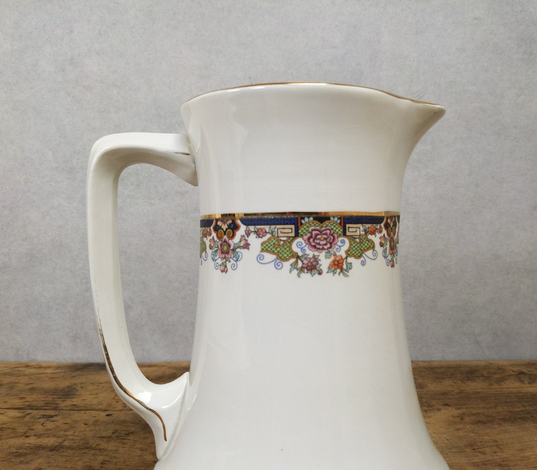 French Vintage Ironstone Pottery Water Pitcher Jug With Pink Flower and ...