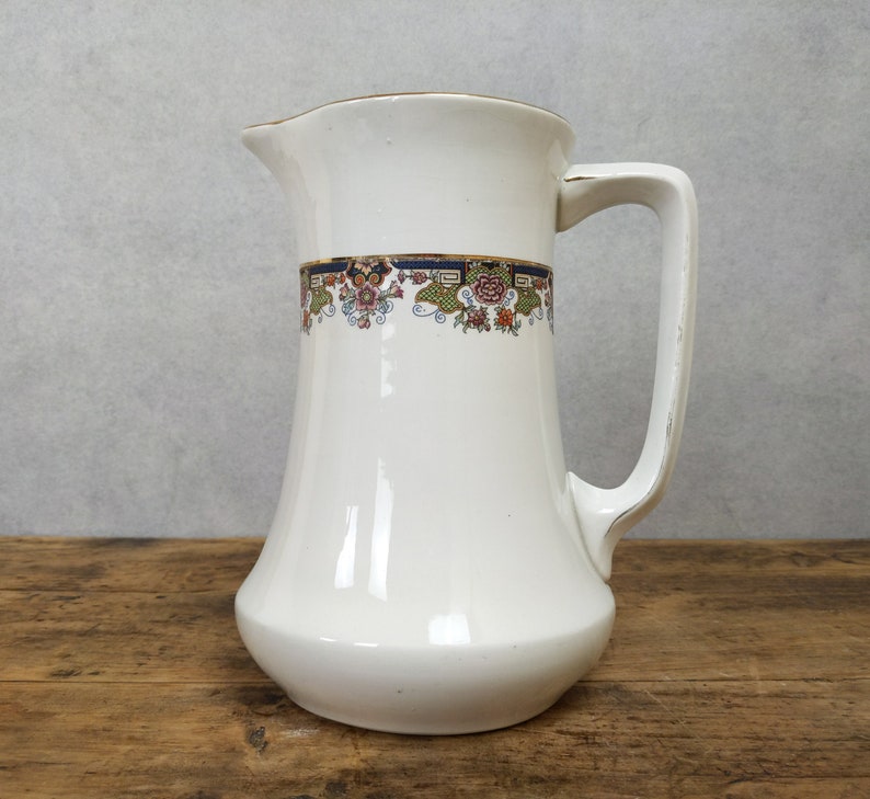 French Vintage Ironstone Pottery Water Pitcher Jug With Pink Flower and ...