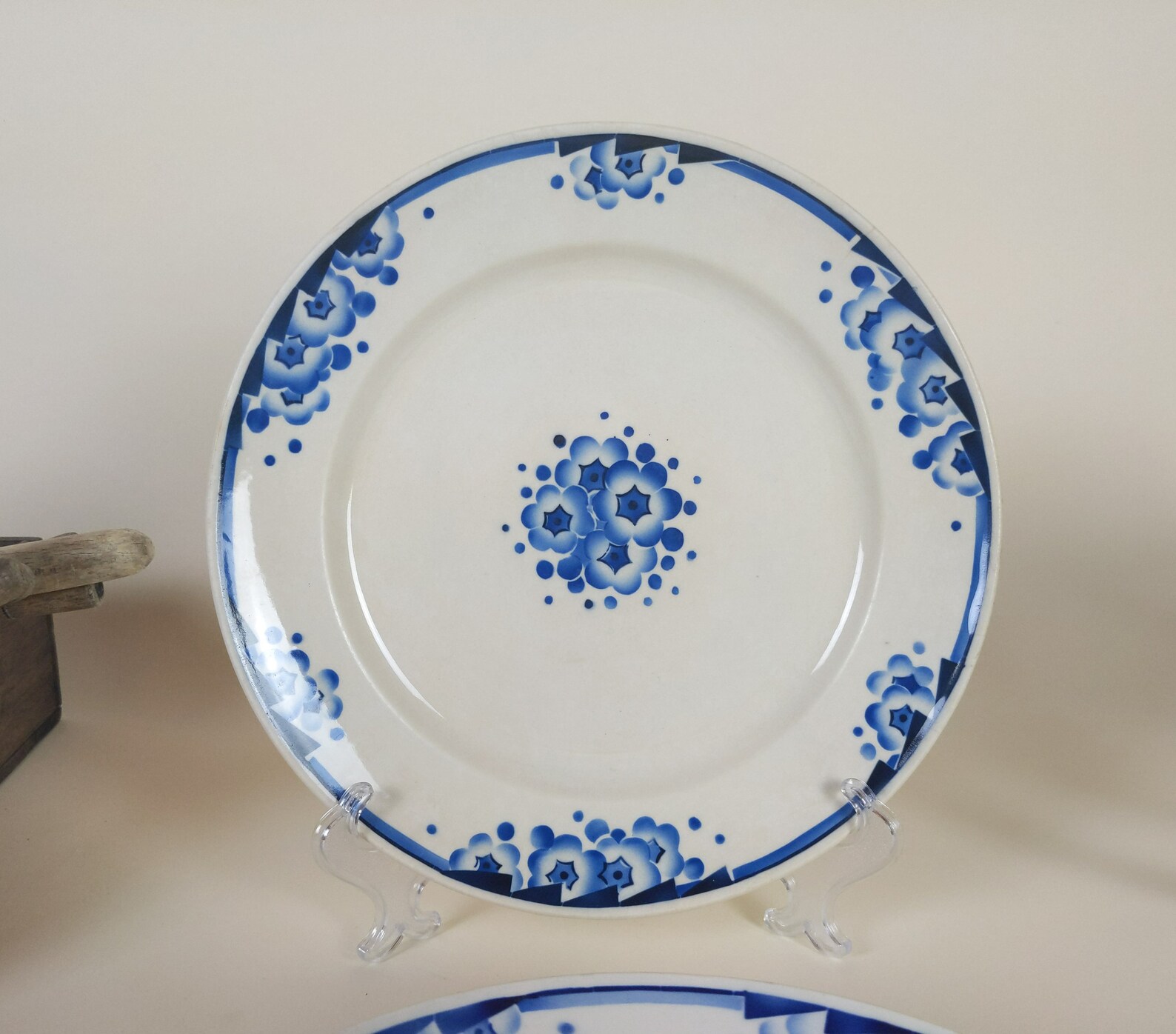 6 French Ironstone Pottery Plates With Blue Transferware Art Deco ...