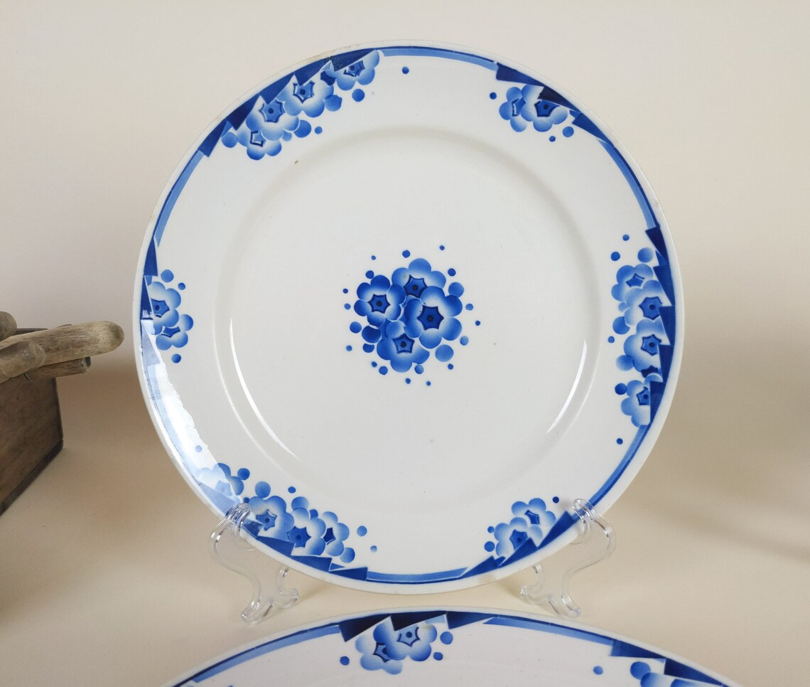 6 French Ironstone Pottery Plates With Blue Transferware Art Deco ...