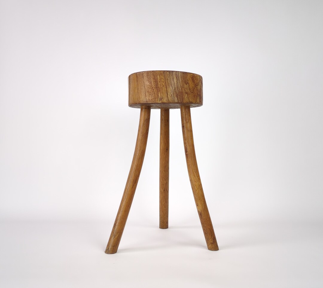 Vintage French Three Leg Brutalist Wood Stool, Mid Century Wooden ...