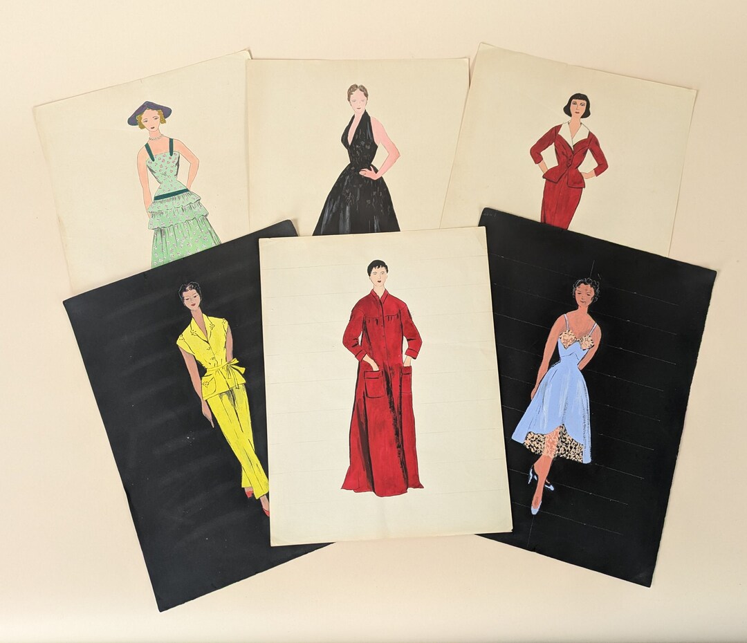 Vintage French Fashion Sketches, 1950s Paris Mode Drawings, Original ...