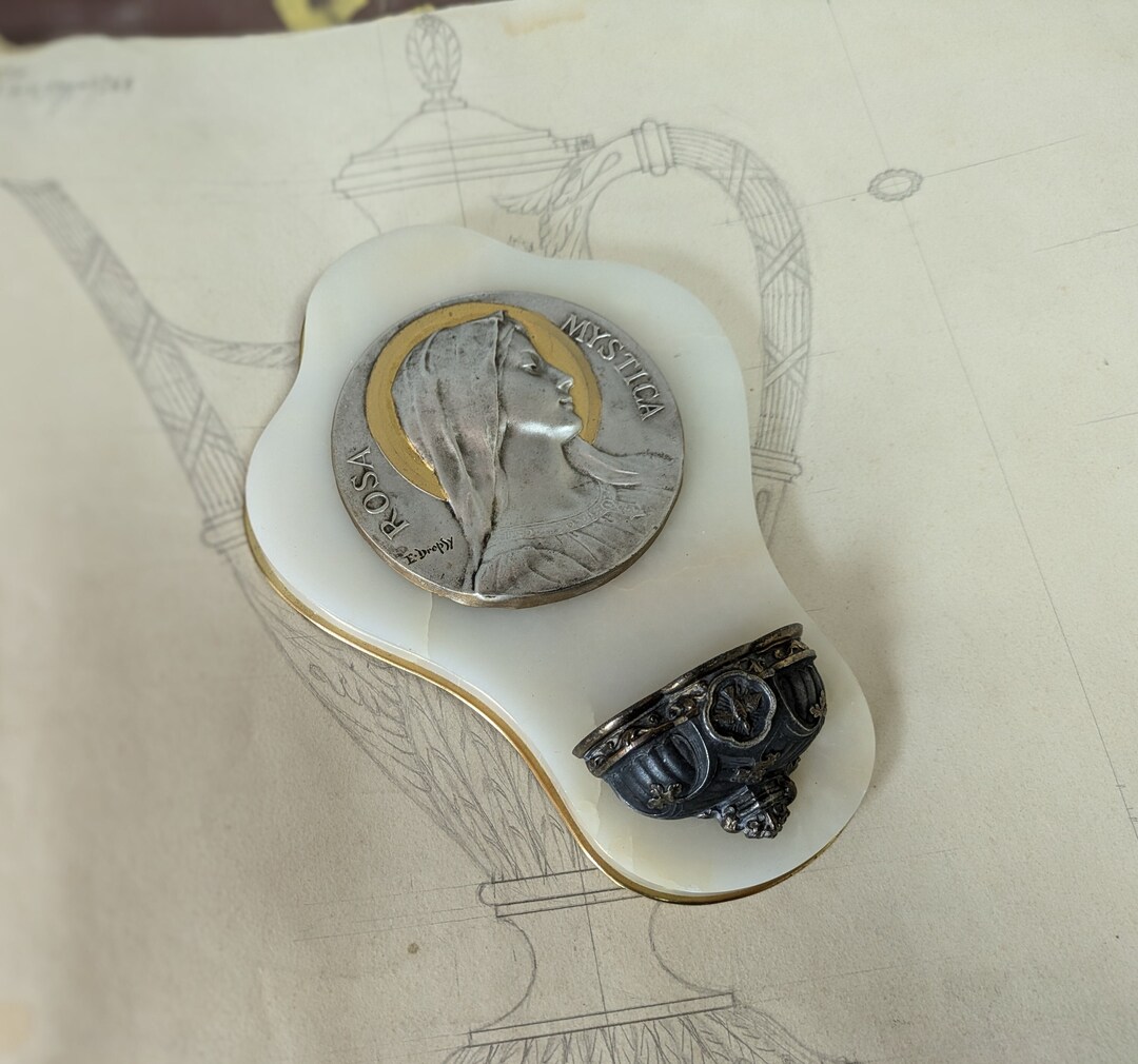 French Virgin Mary Onyx Stone Holy Water Font, Wall Hanging Holy Mother ...