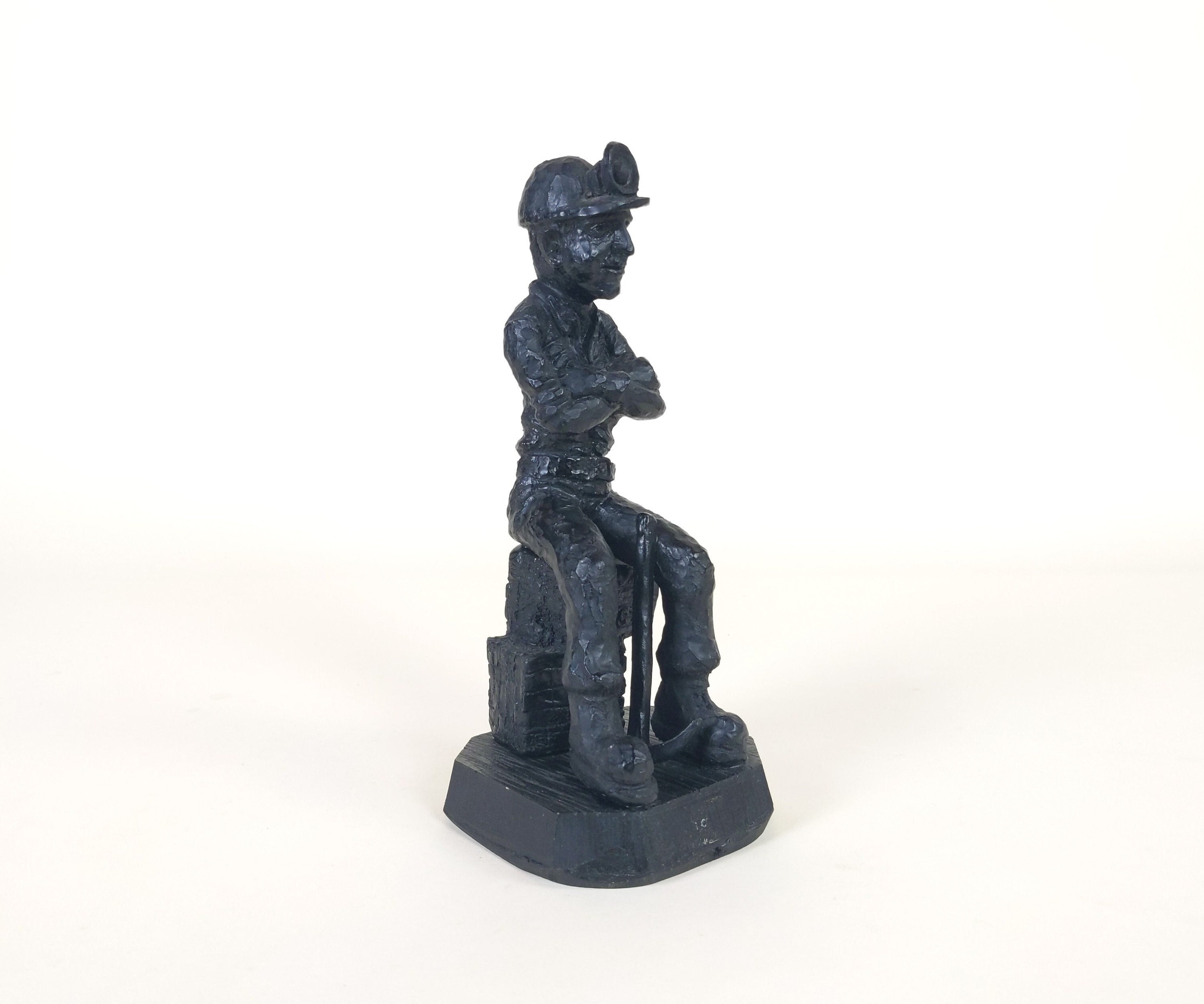 Vintage 1973 Kourey Seated Coal Miner Sculpture Figure Made From Coal ...