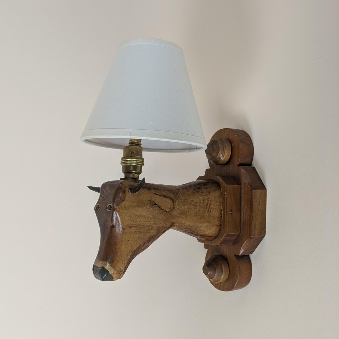 Vintage French Carved Wood Bull Cow Head Wall Sconce & Beige Lampshade ...