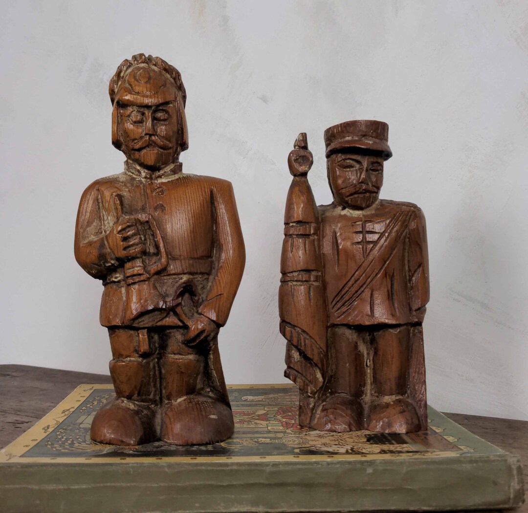 Pair of Nutcracker Style Hand Carved Pinewood Soldier Sculptures ...