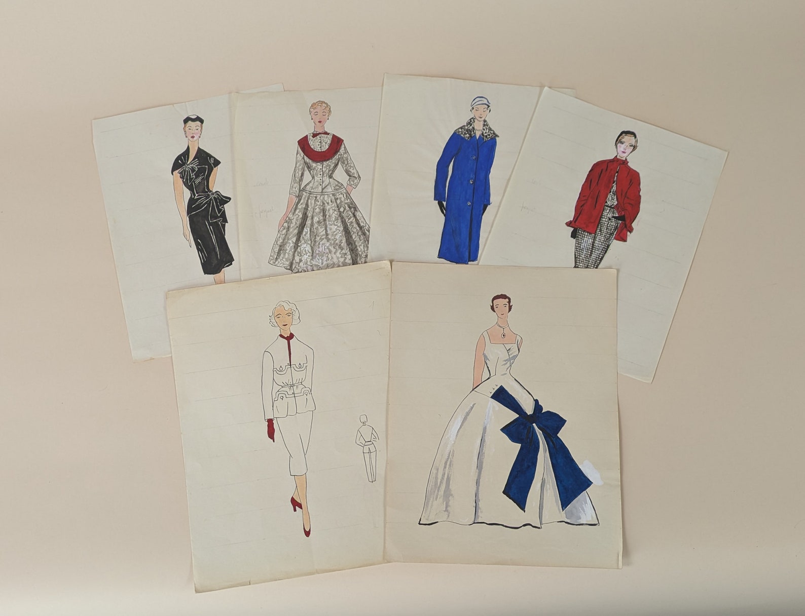 Vintage French Fashion Sketches, 1950s Paris Mode Drawings, Original ...