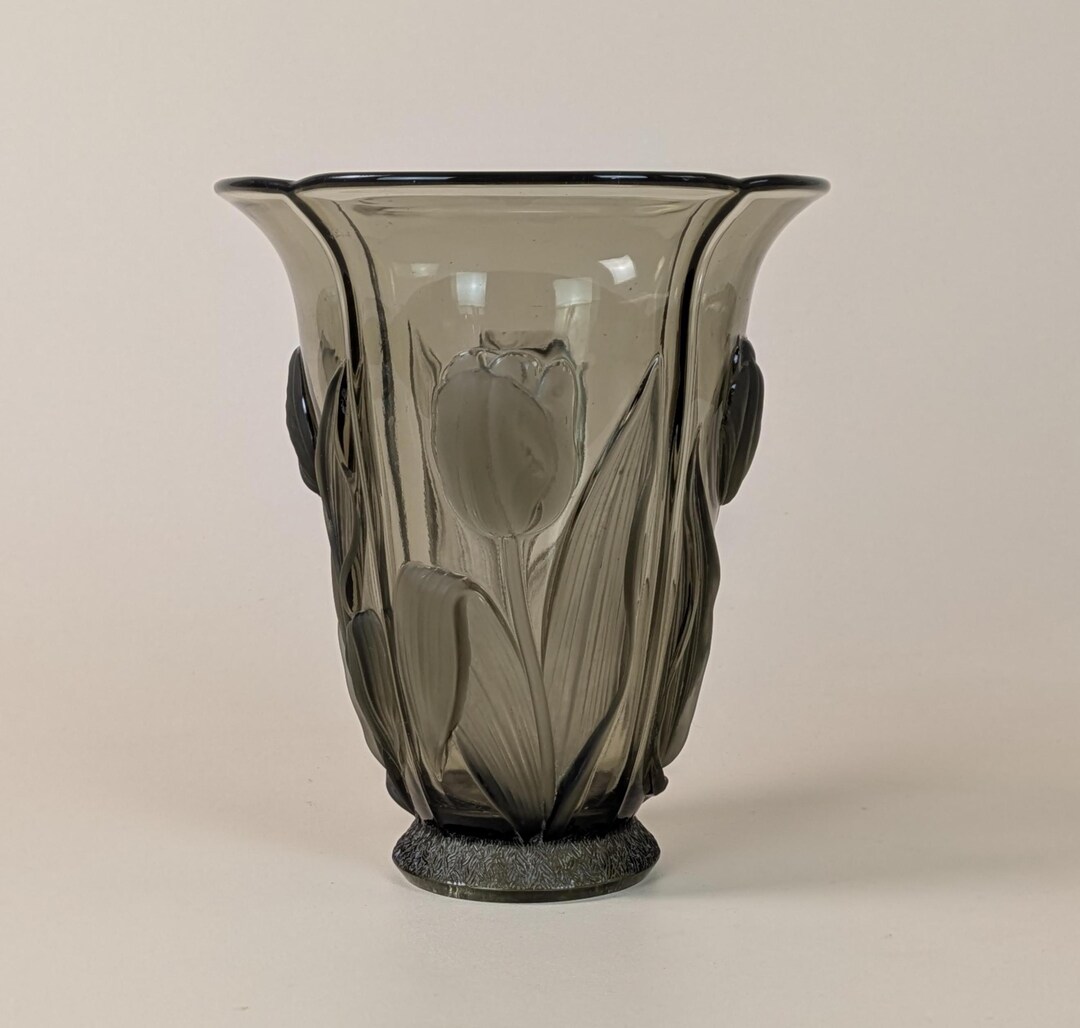 Vintage French Smoked Glass Tulip Flowers Relief Vase, Mid Century ...