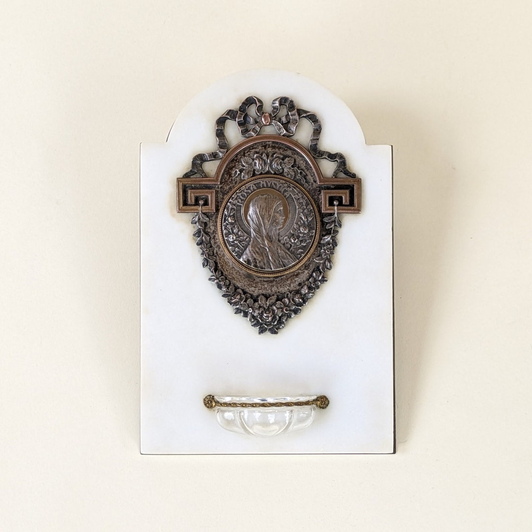 French Rosa Mystica Virgin Mary Onyx Stone Holy Water Font, Wall ...