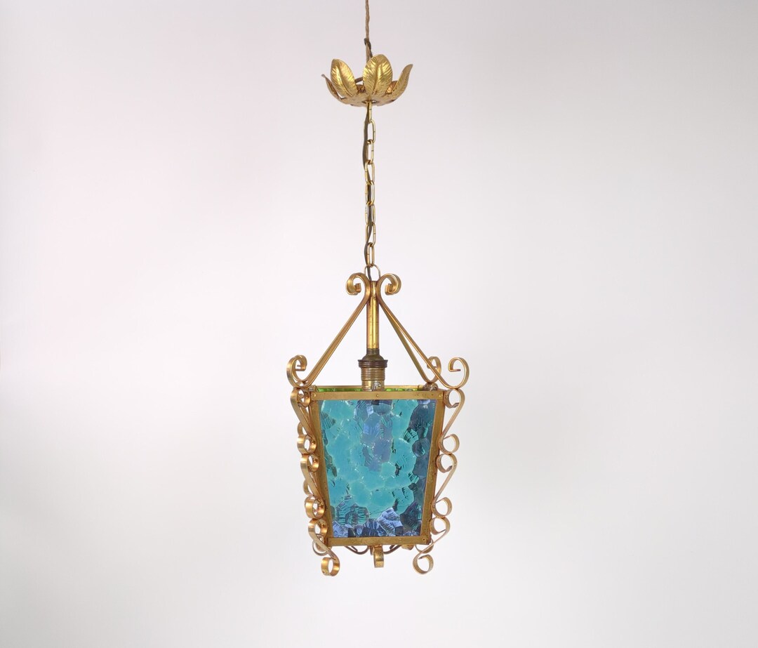 Vintage French 1960s Brass Pagoda Style Faceted Colored Glass Panel ...