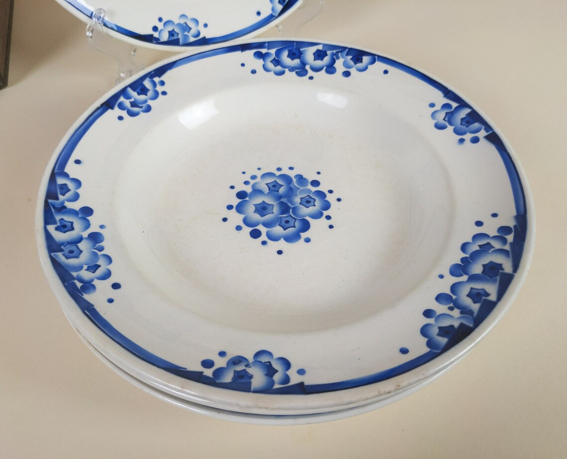 4 French Ironstone Pottery Bowls With Blue Transferware Art - Etsy