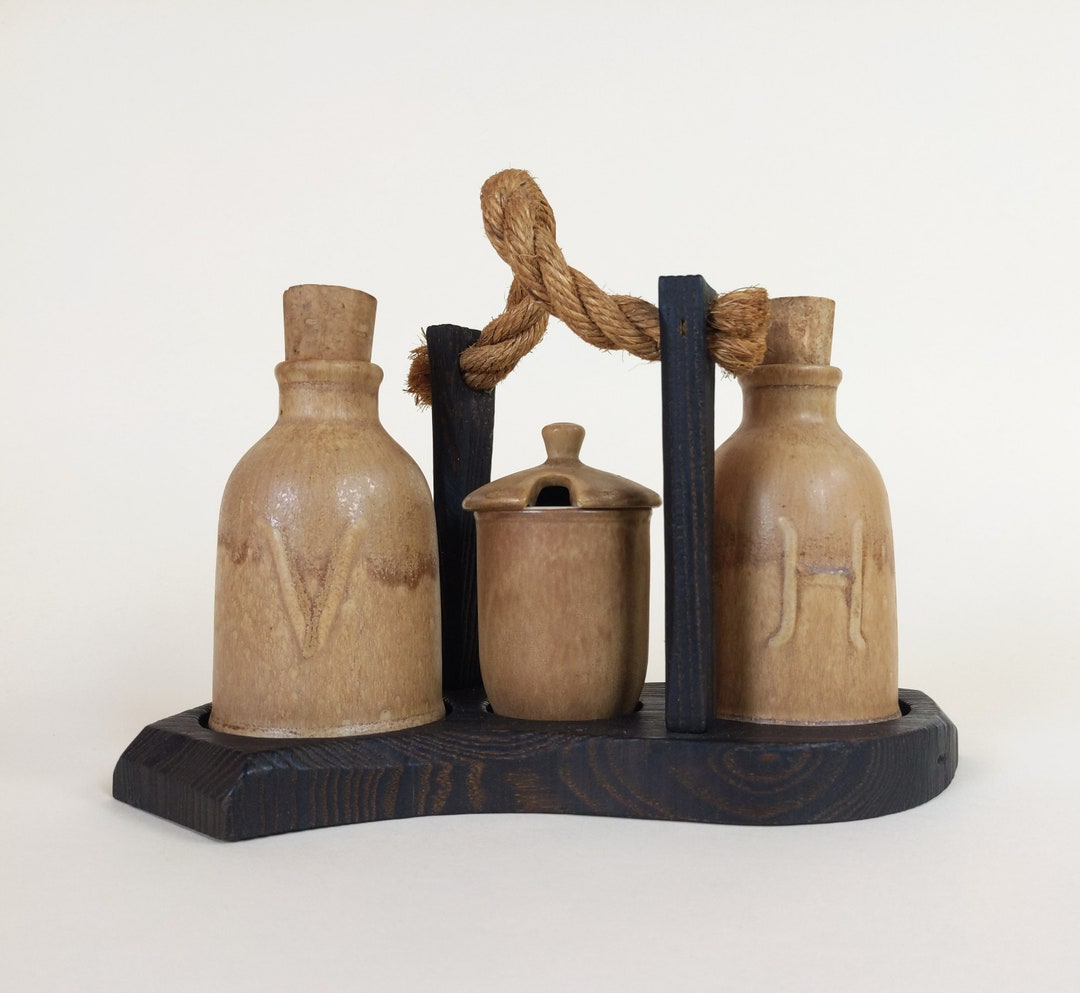 Vintage French Pottery and Wood Cruet Set, Mid Century Vinegar Oil and ...