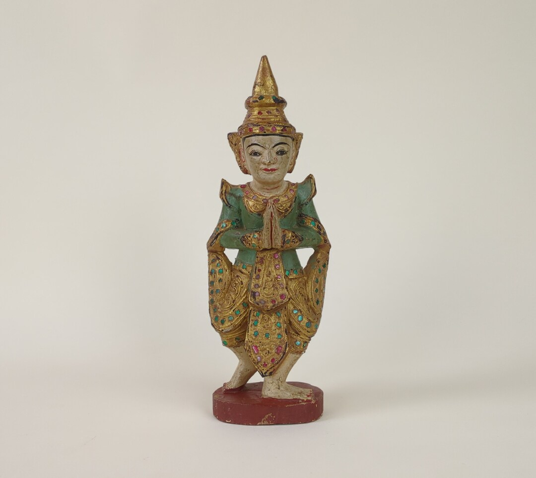 Mid Century Burmese Polychrome Wood Buddha Statue With Glass Inlay and ...