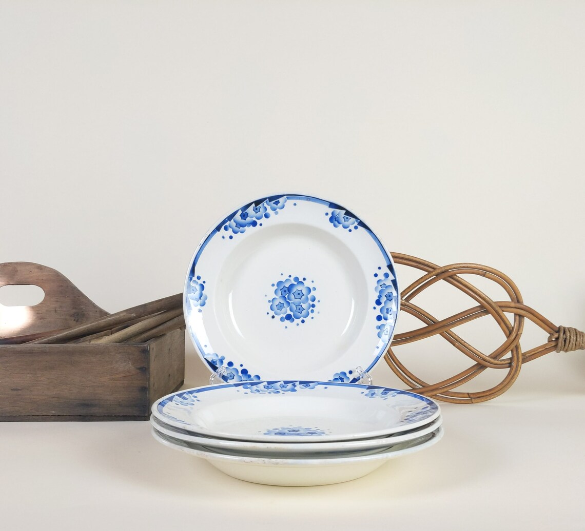 4 French Ironstone Pottery Bowls With Blue Transferware Art - Etsy