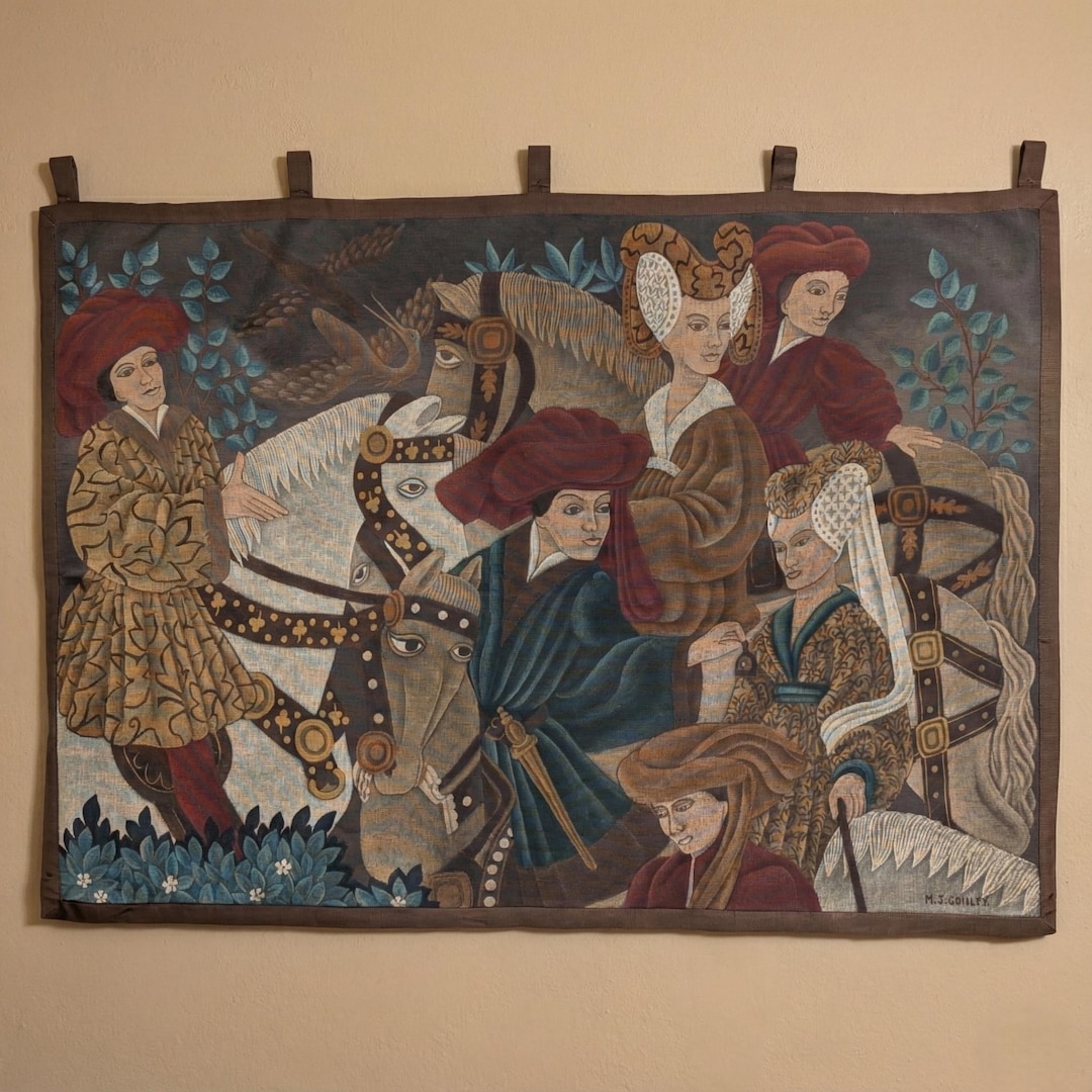 French Medieval Hunting Scene Hand Painted Canvas Tapestry Signed MC ...