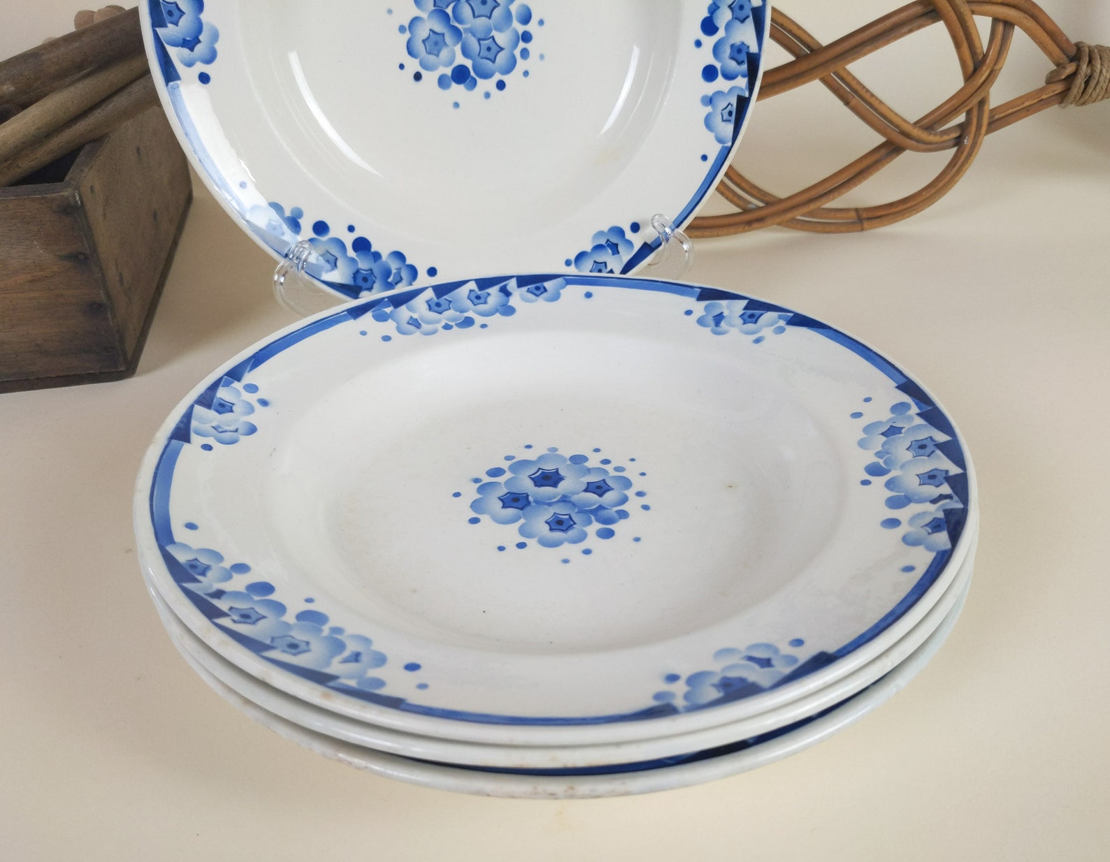 4 French Ironstone Pottery Bowls With Blue Transferware Art Deco ...