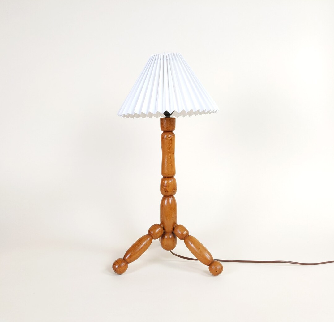 Vintage French Pine Wood Turned Bobbin Table Lamp With Pleated White ...