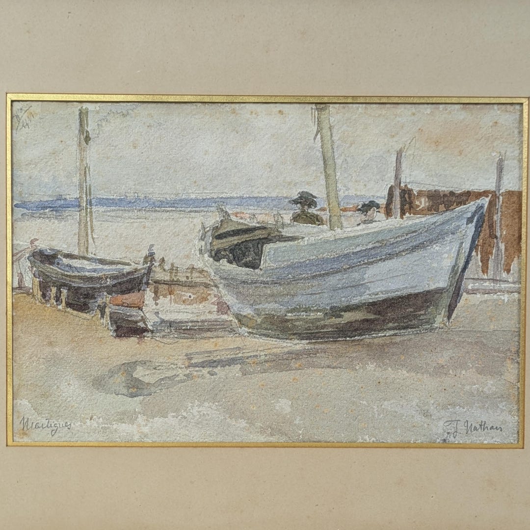 Antique J Nathan Watercolor Painting Vintage Fishing Boats Harbor Scene ...