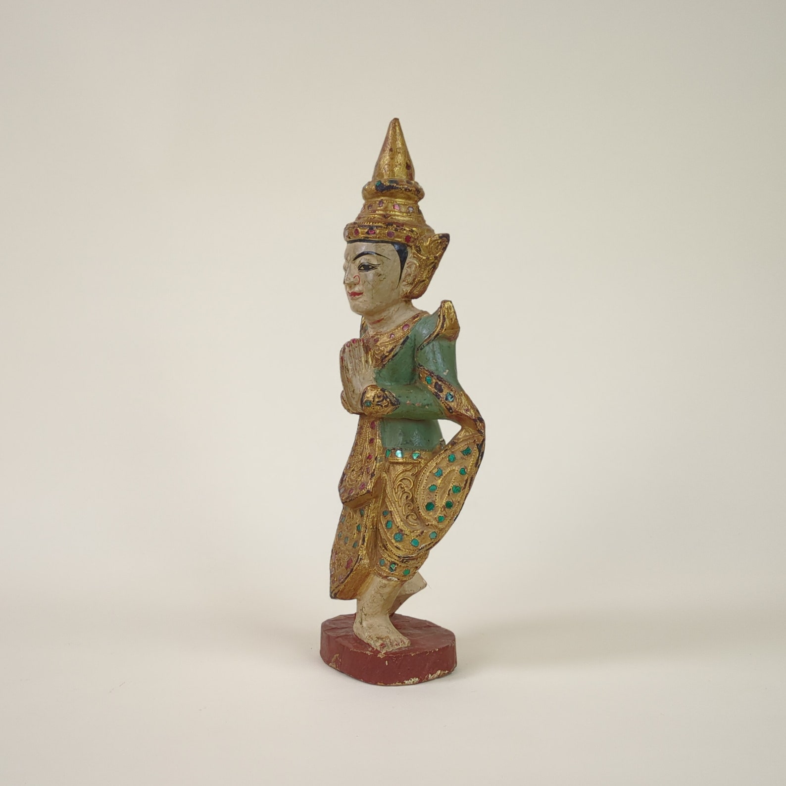 Mid Century Burmese Polychrome Wood Buddha Statue With Glass Inlay and ...
