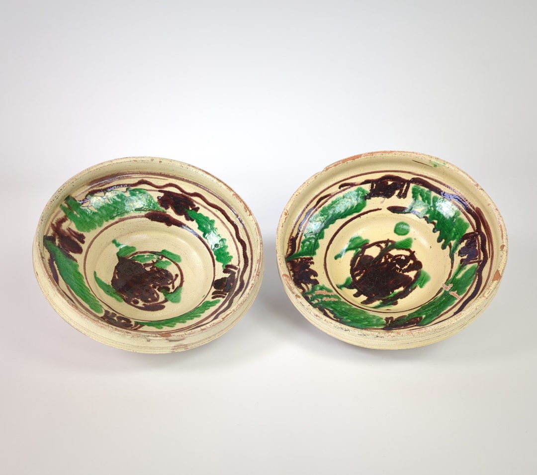 Antique Primitive Italian Glazed Earthenware Bowls, Rustic Redware ...