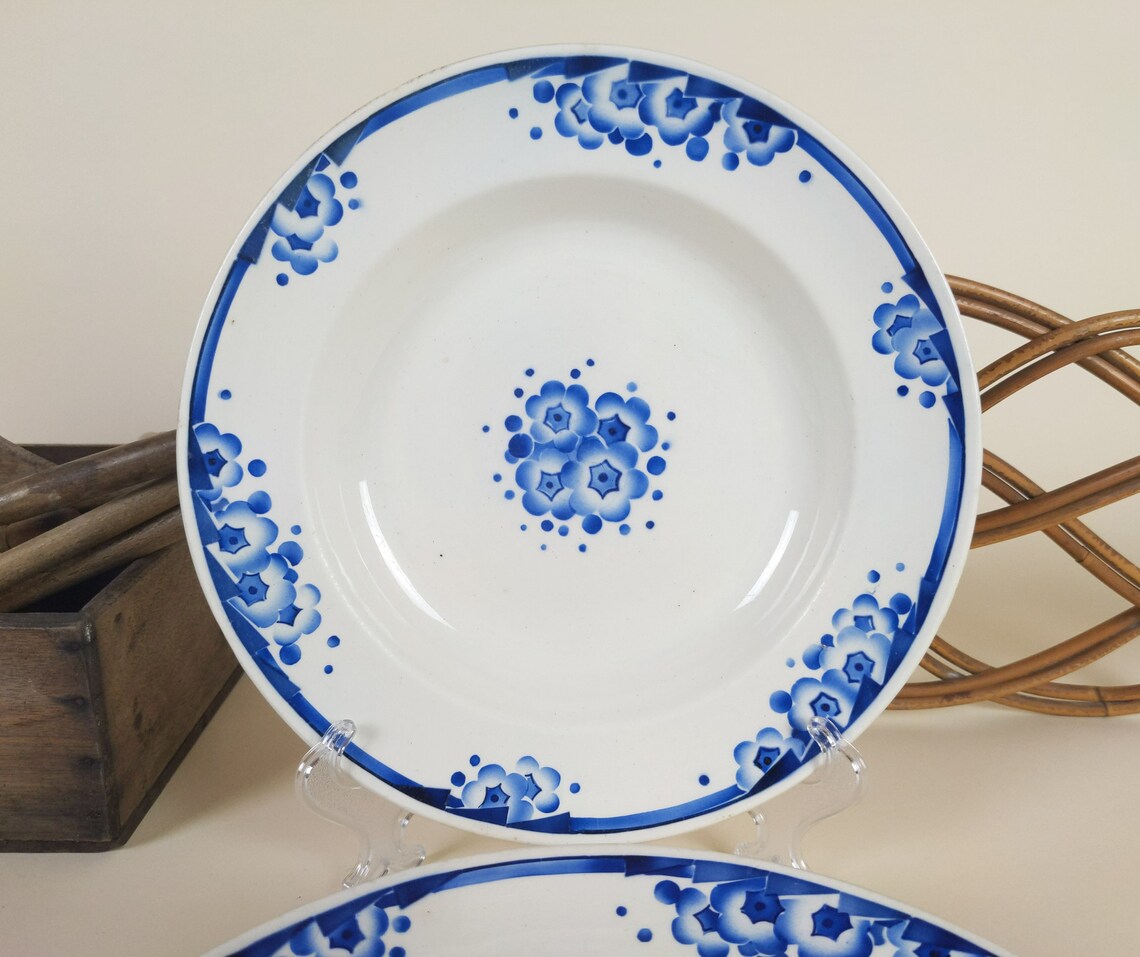 4 French Ironstone Pottery Bowls With Blue Transferware Art Deco ...