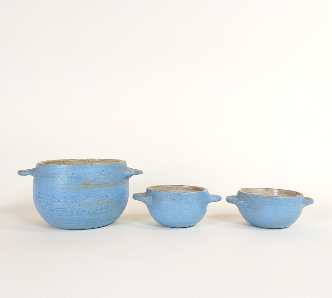 Three Vintage French Blue Studio Pottery Bowls Signed Carla - Etsy