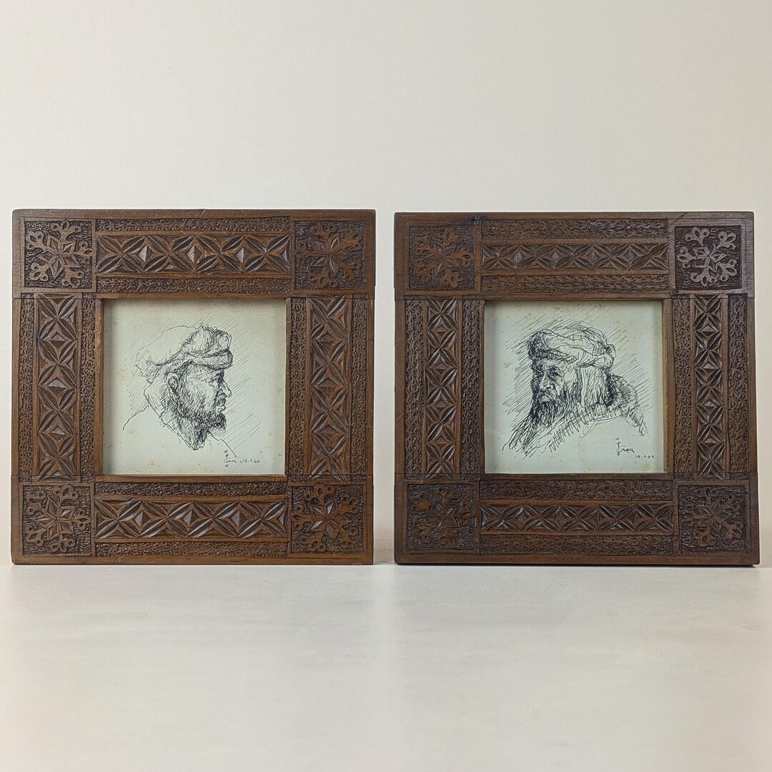 Pair of Vintage Signed Moorish Ink Sketch Portraits Turban Men Original ...