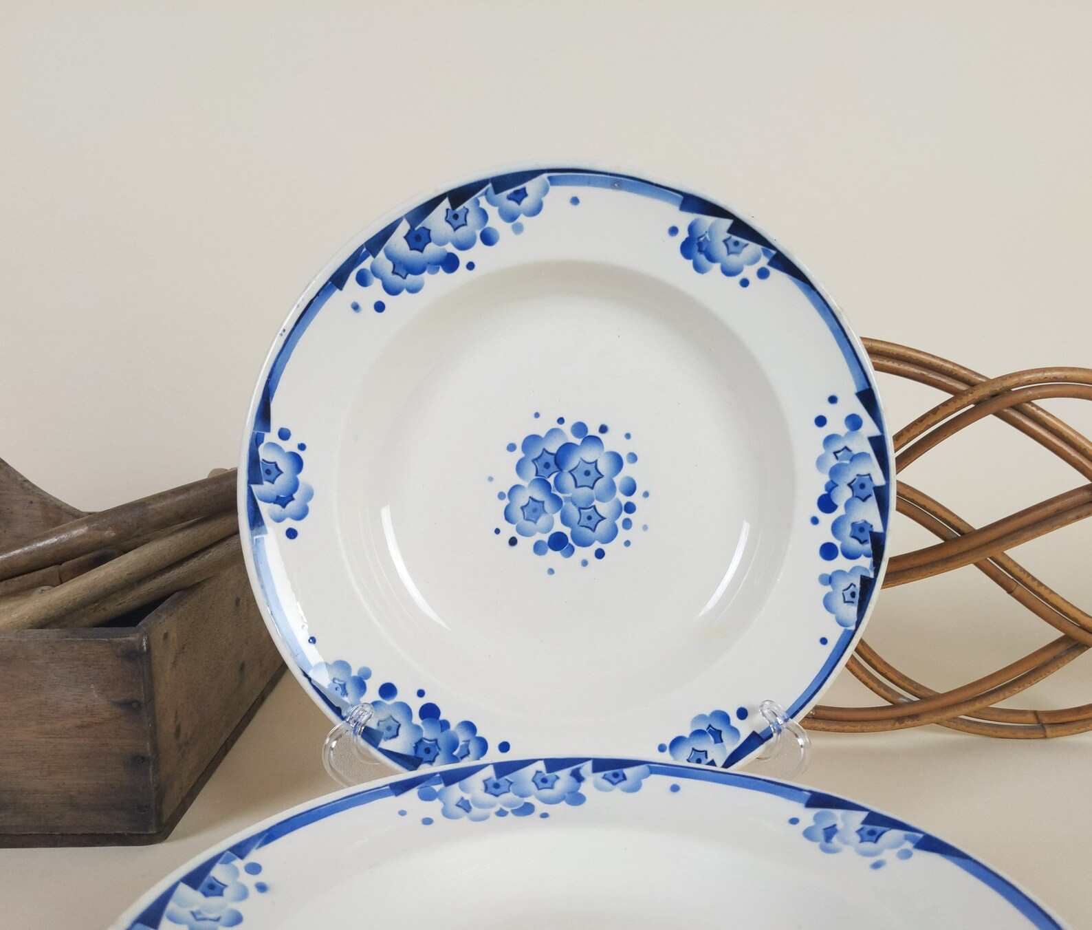 4 French Ironstone Pottery Bowls With Blue Transferware Art Deco ...