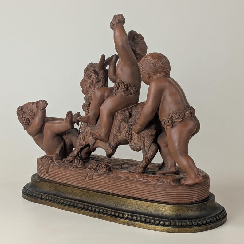 French Terracotta Putti and Goat Sculpture Signed by Toinel Large Clay ...