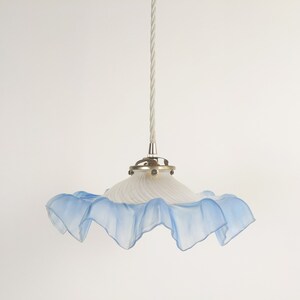 French Blue Glass Ceiling Light With Brass Hardware and Beige Fabric ...