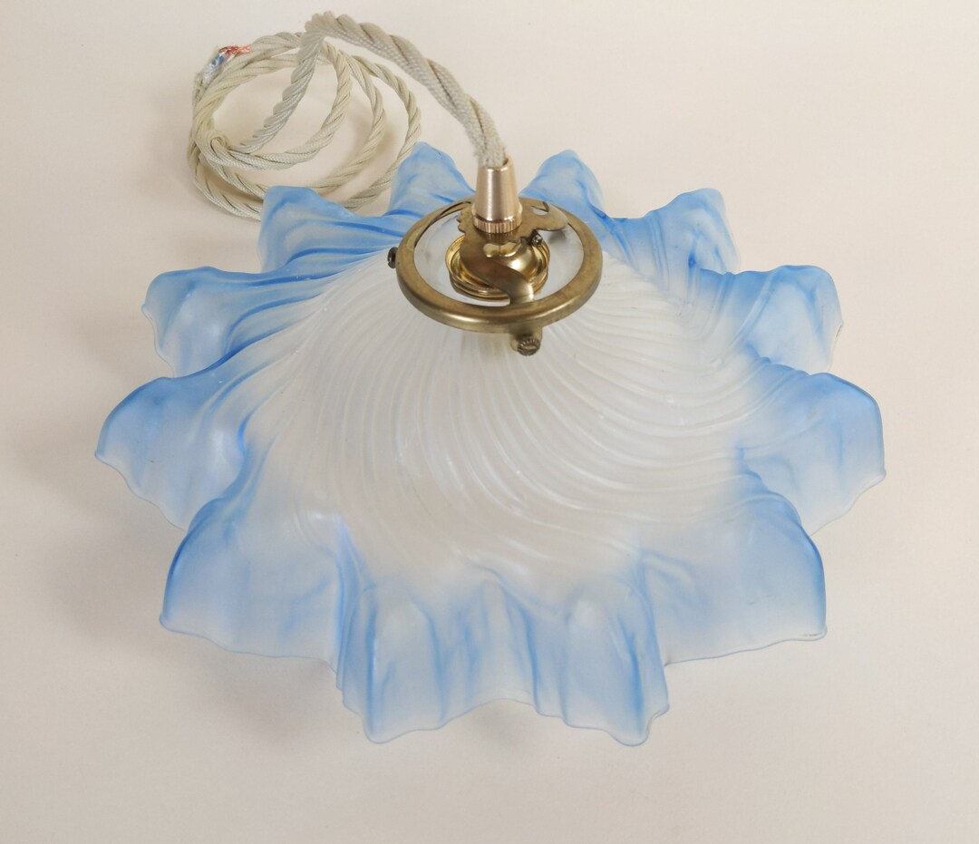 French Blue Glass Ceiling Light With Brass Hardware and Beige Fabric ...