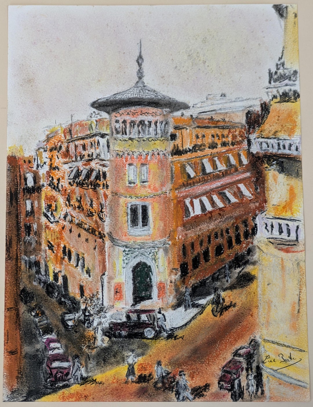 Vintage French Pastel Drawing City Street Beautiful Orange Tones Cars ...