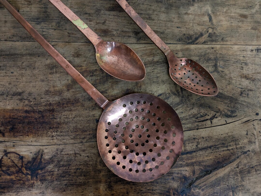 Three Antique French Brass Kitchen Utensils Rustic Signed Provence ...
