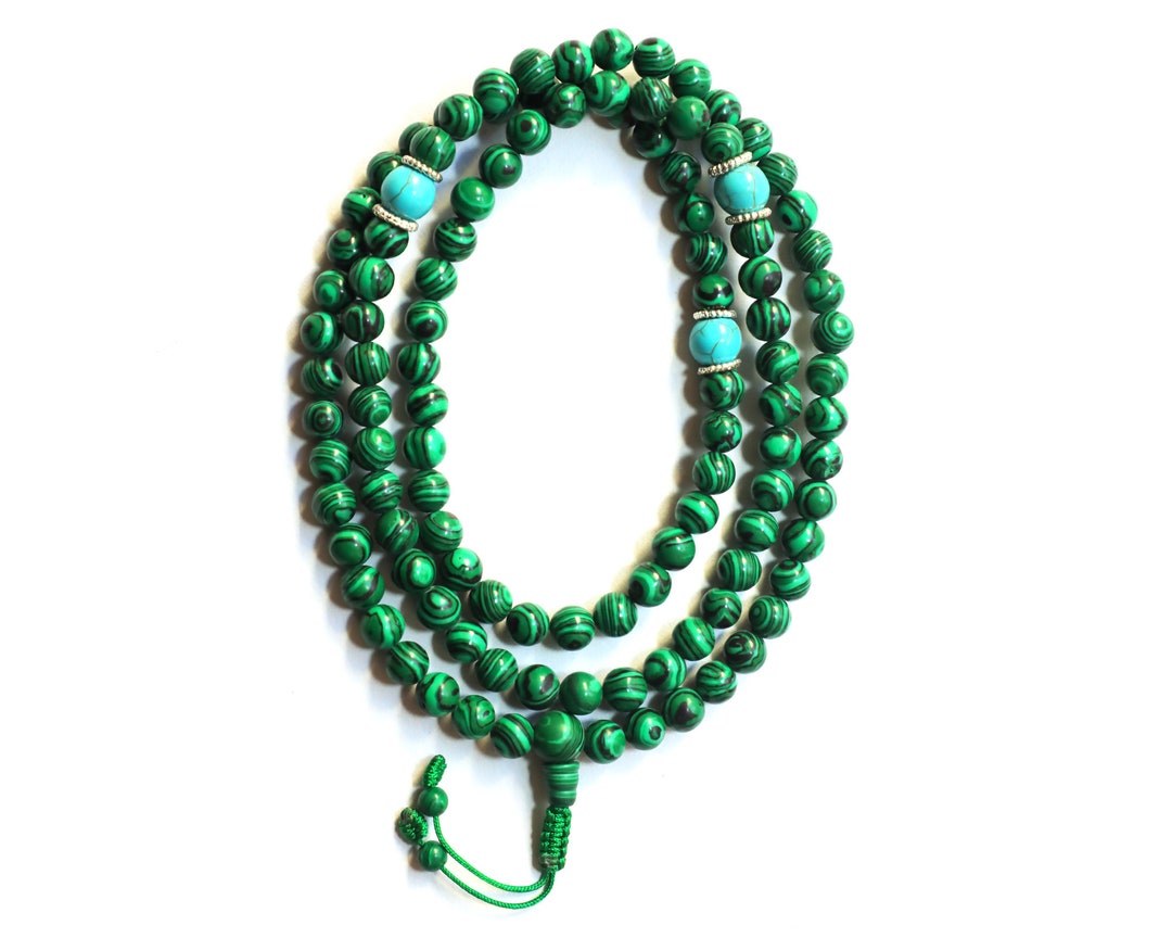Malachite Stone Mala, Designed Mala, Buddhist Mala, Meditation Mala ...