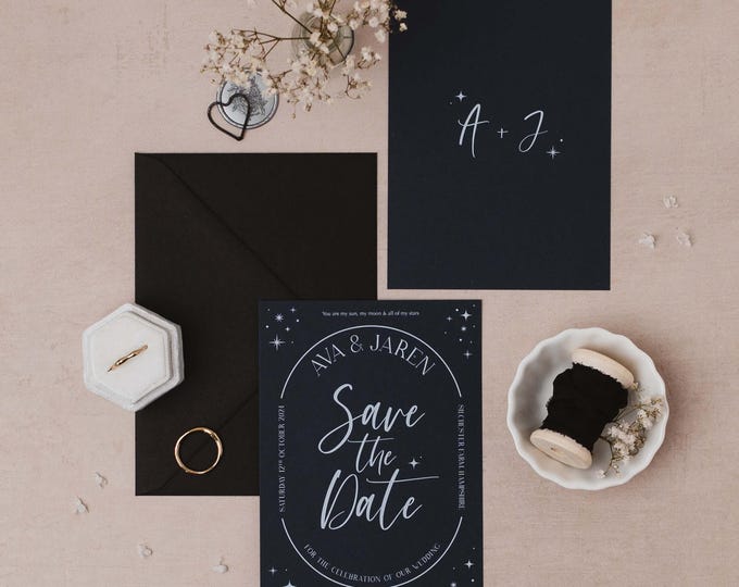 Luna Celestial Save the Date Sample - Navy Blue Save the Date, Galaxy ...