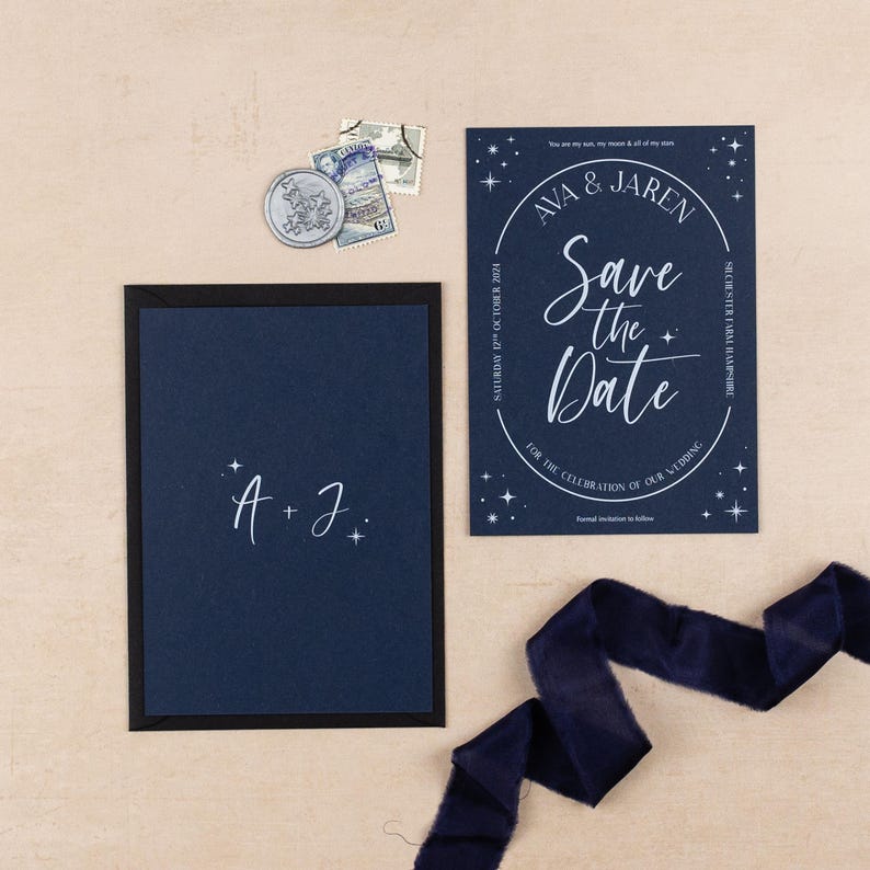 Luna Celestial Save the Date Sample - Navy Blue Save the Date, Galaxy ...