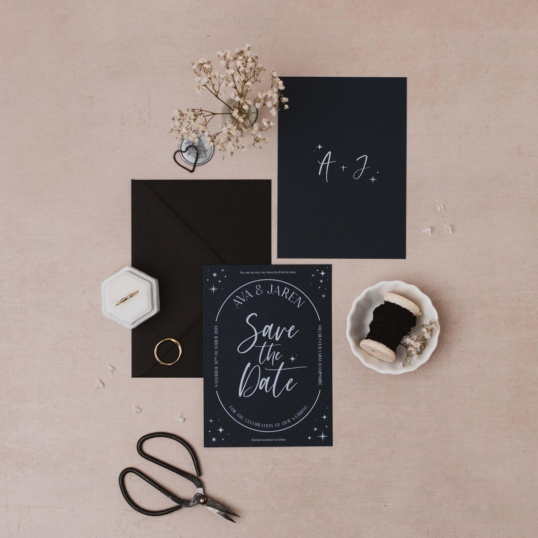 Luna Celestial Save the Date Sample - Navy Blue Save the Date, Galaxy ...
