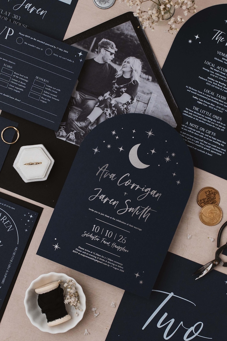 Luna Celestial Wedding Invitation Sample - Navy or Black Foiled Starry ...