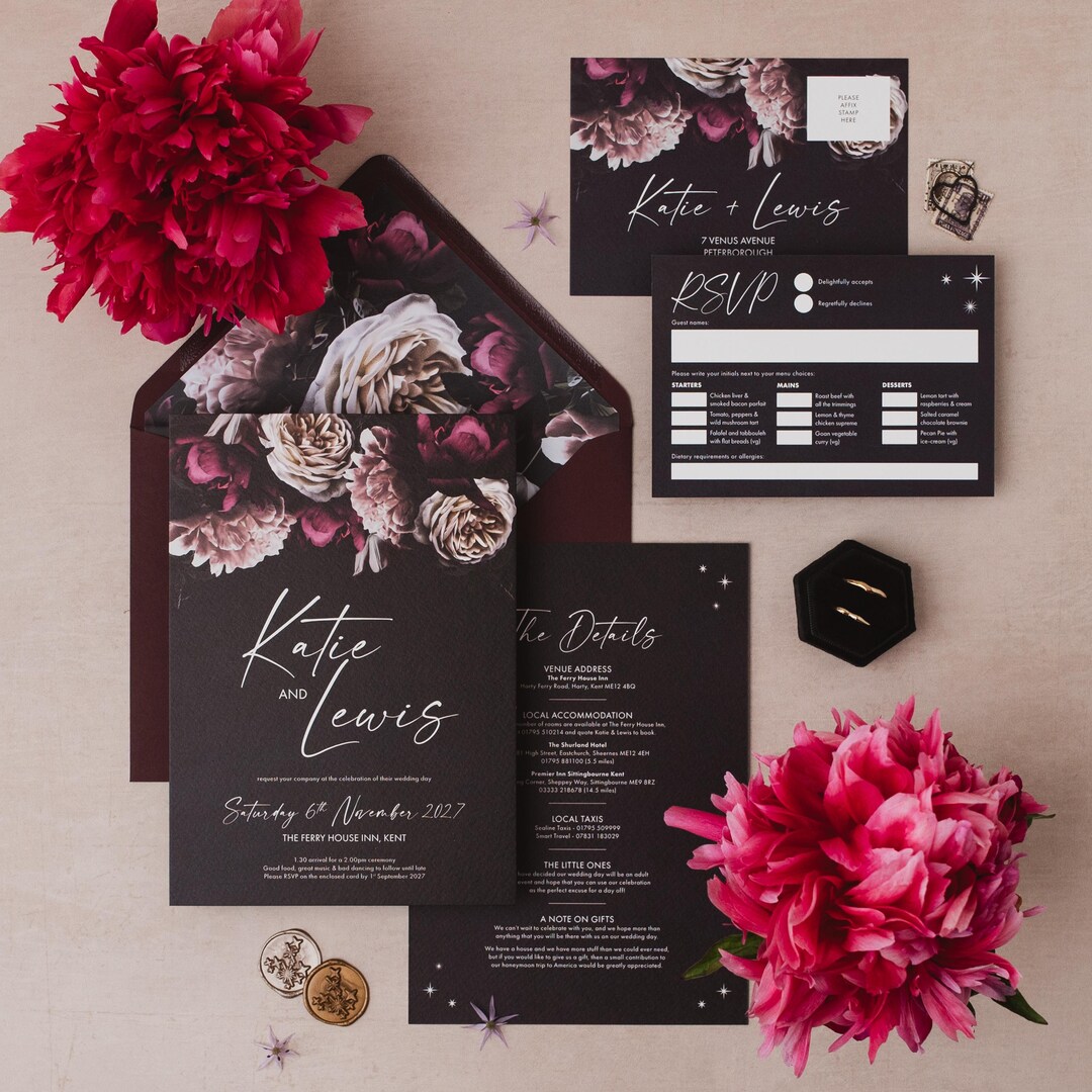 Gothic Black Wedding Invitations - Dark Floral Wedding Invites ...