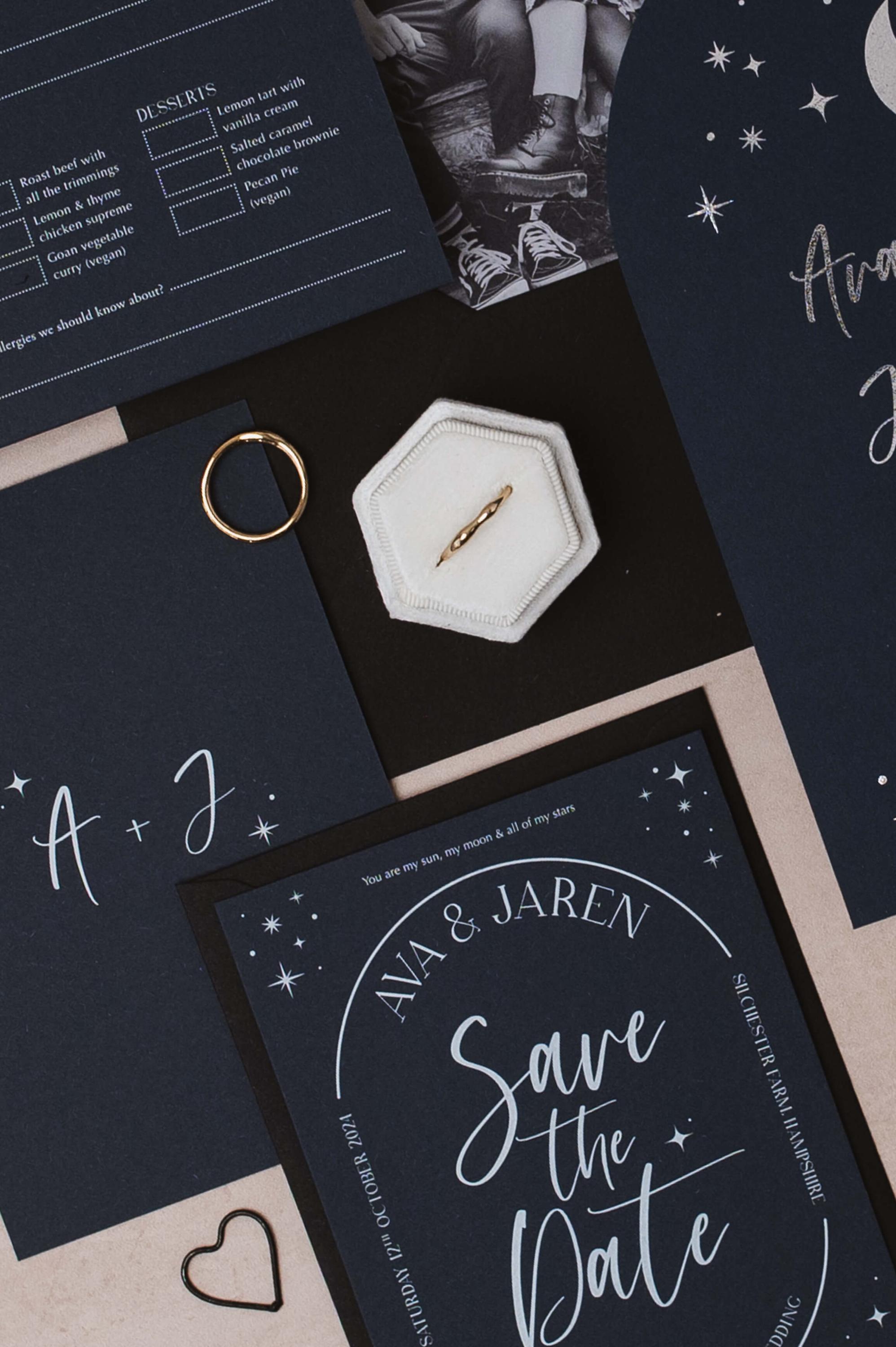 Luna Celestial Save the Date Sample - Navy Blue Save the Date, Galaxy ...