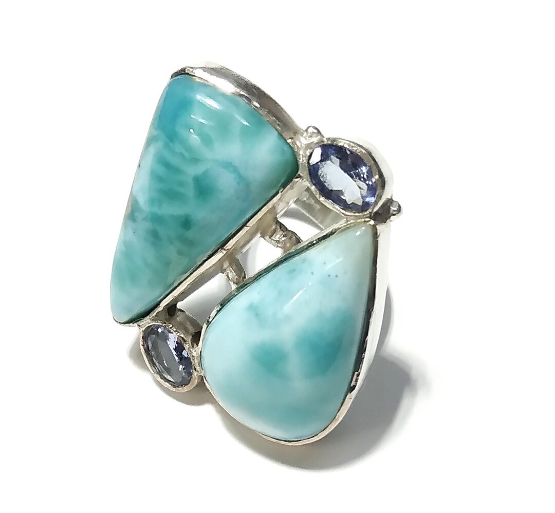 Larimar & Tanzanite Faceted Natural Gemstone Ring 925 Bijoux en argent ...
